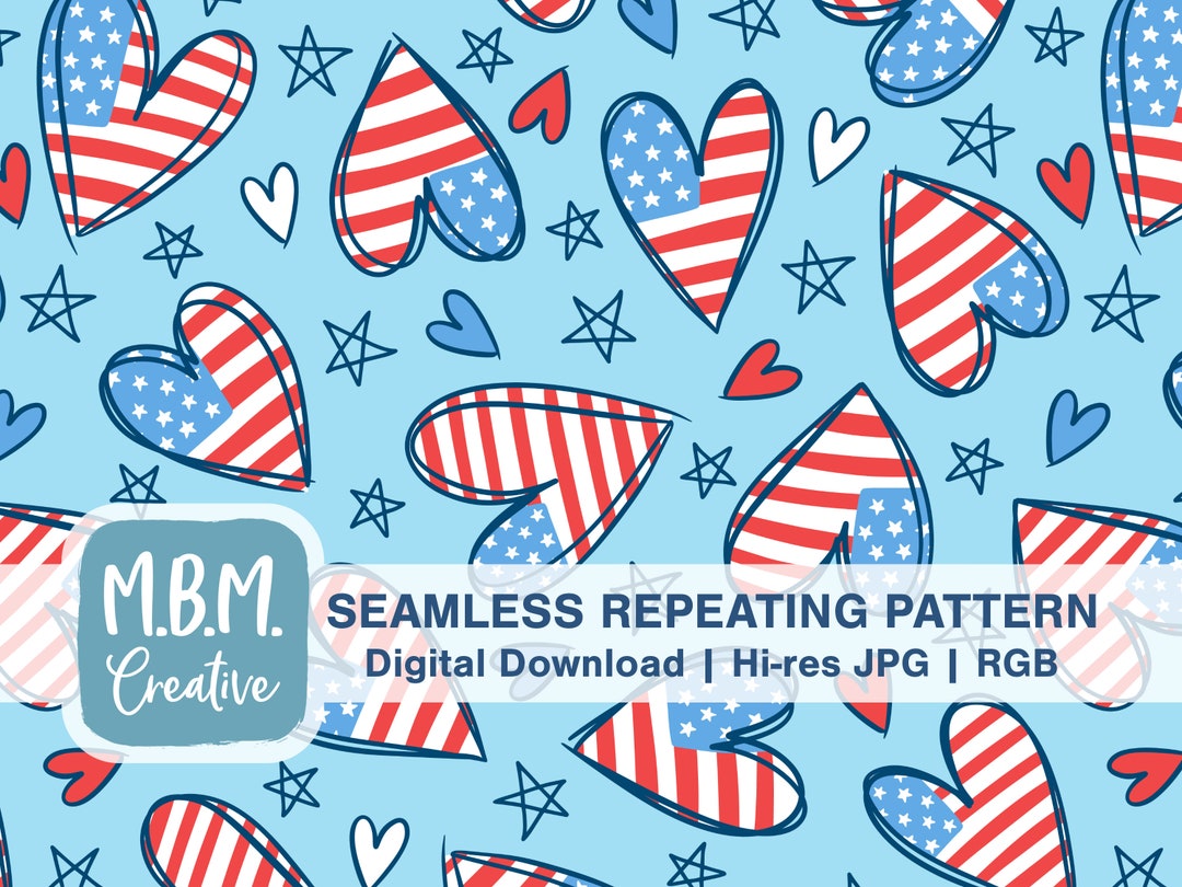 Patriotic Hearts on Light Blue Seamless Repeat Pattern Commercial Use ...