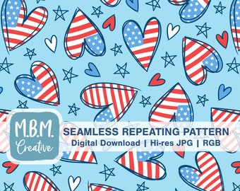 Patriotic Hearts & Stars Seamless Pattern: 4th of July (digital ...
