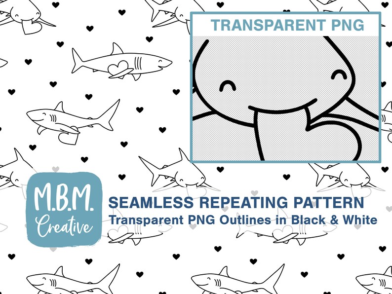 Sharks & Hearts Transparent Background PNG Seamless Repeat - Etsy