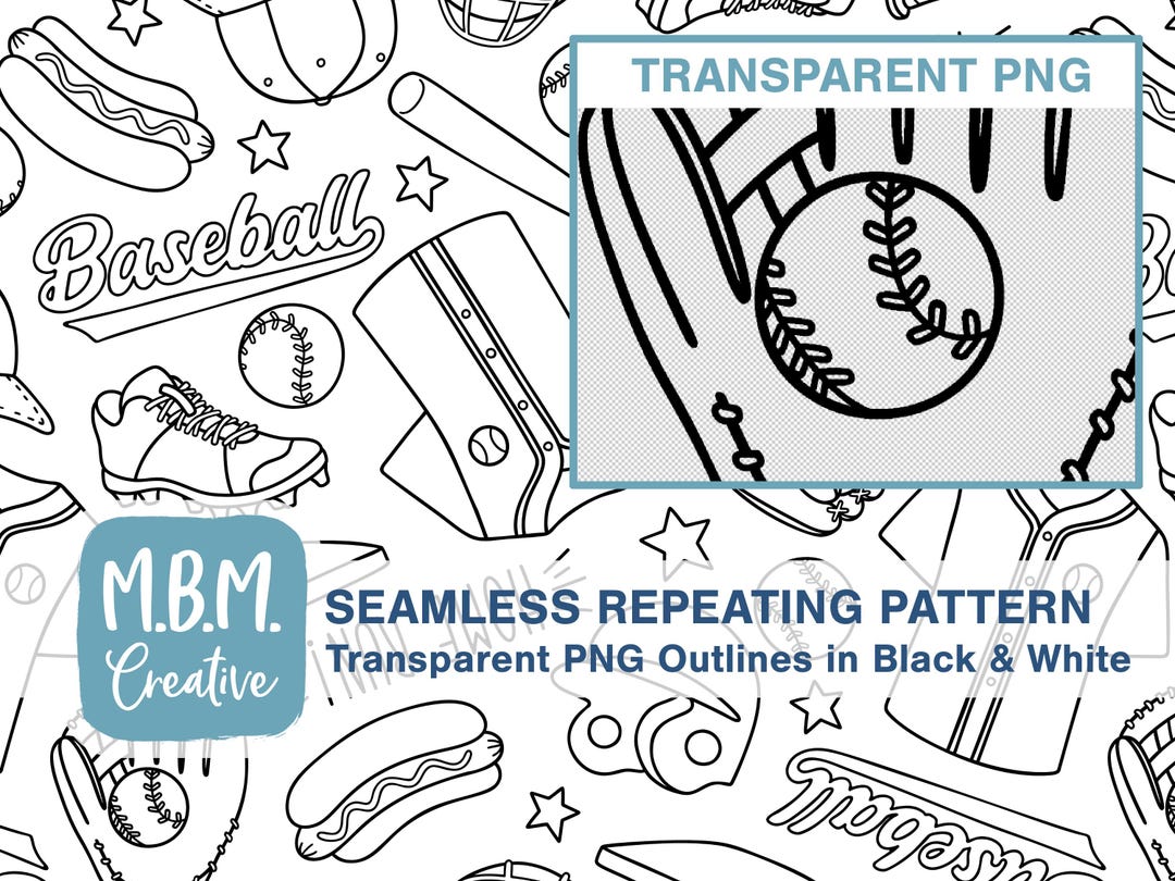 Baseball Line Art Outlines With Transparent Background PNG Seamless ...