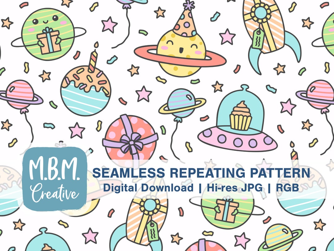 Birthday in Outer Space 2: Pastel Color on White Seamless Repeat ...