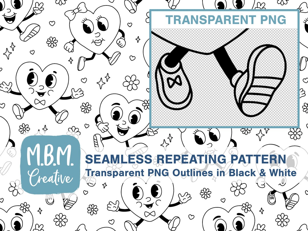Retro Cartoon Heart Outlines With Transparent Background PNG Seamless ...