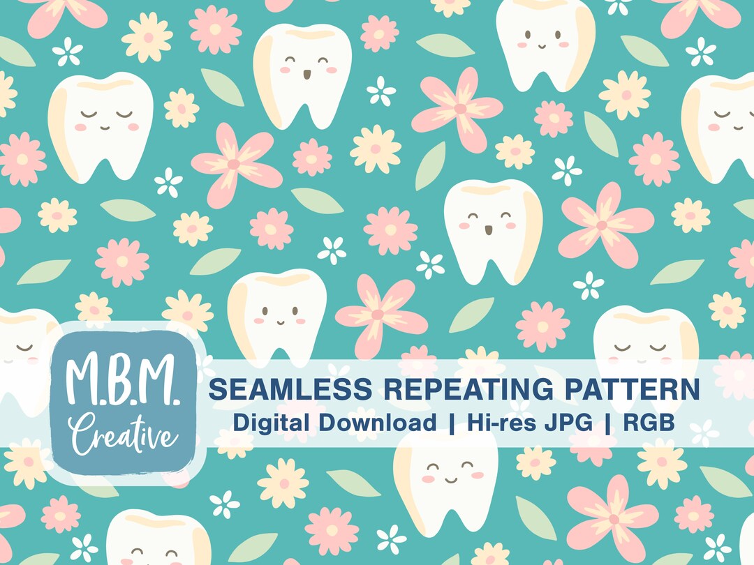 Cute Teeth & Flowers on Teal Seamless Repeat Pattern for Commercial Use ...
