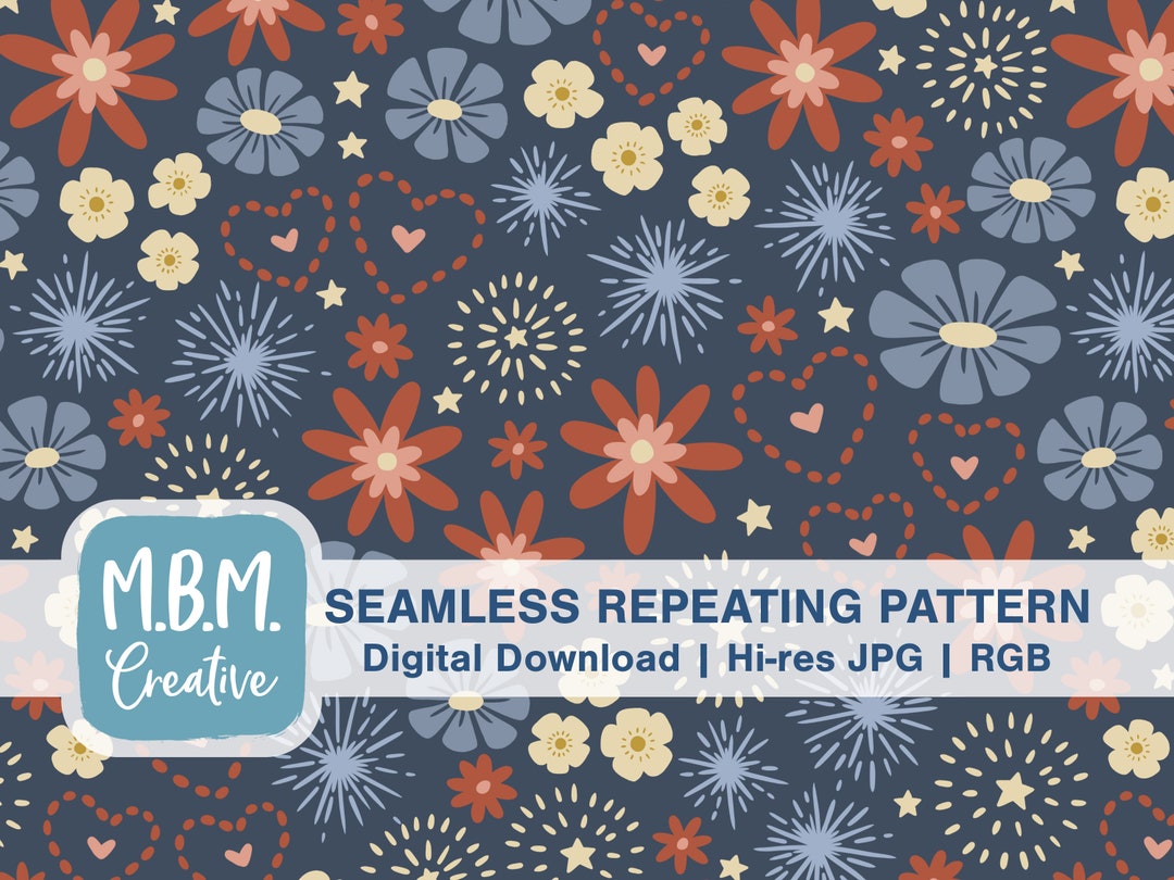 Fireworks & Flowers in Muted Colors Seamless Repeat Pattern for ...