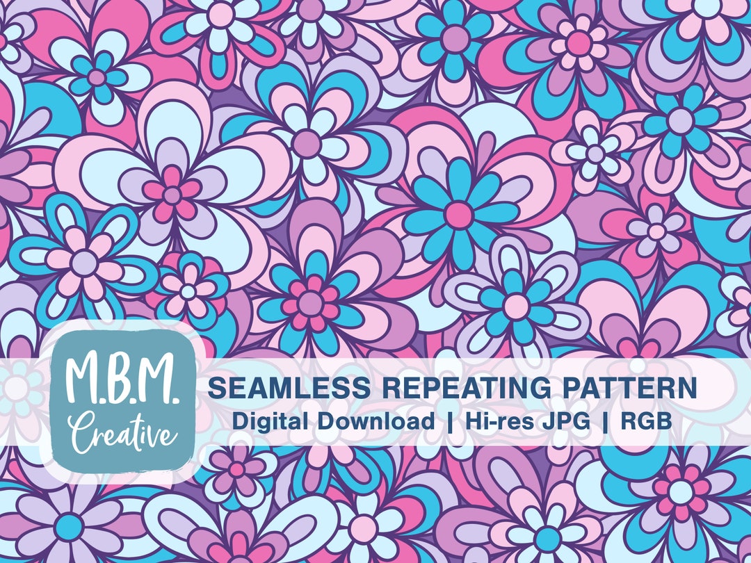 Funky Floral: Pink Purple Blue Seamless Repeat Pattern Commercial Use ...