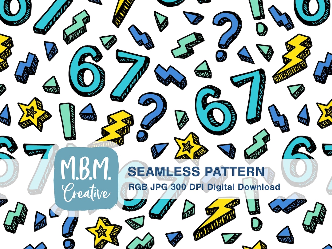 6 7 90s Doodle on White Seamless Repeating Pattern, Cute Trendy ...