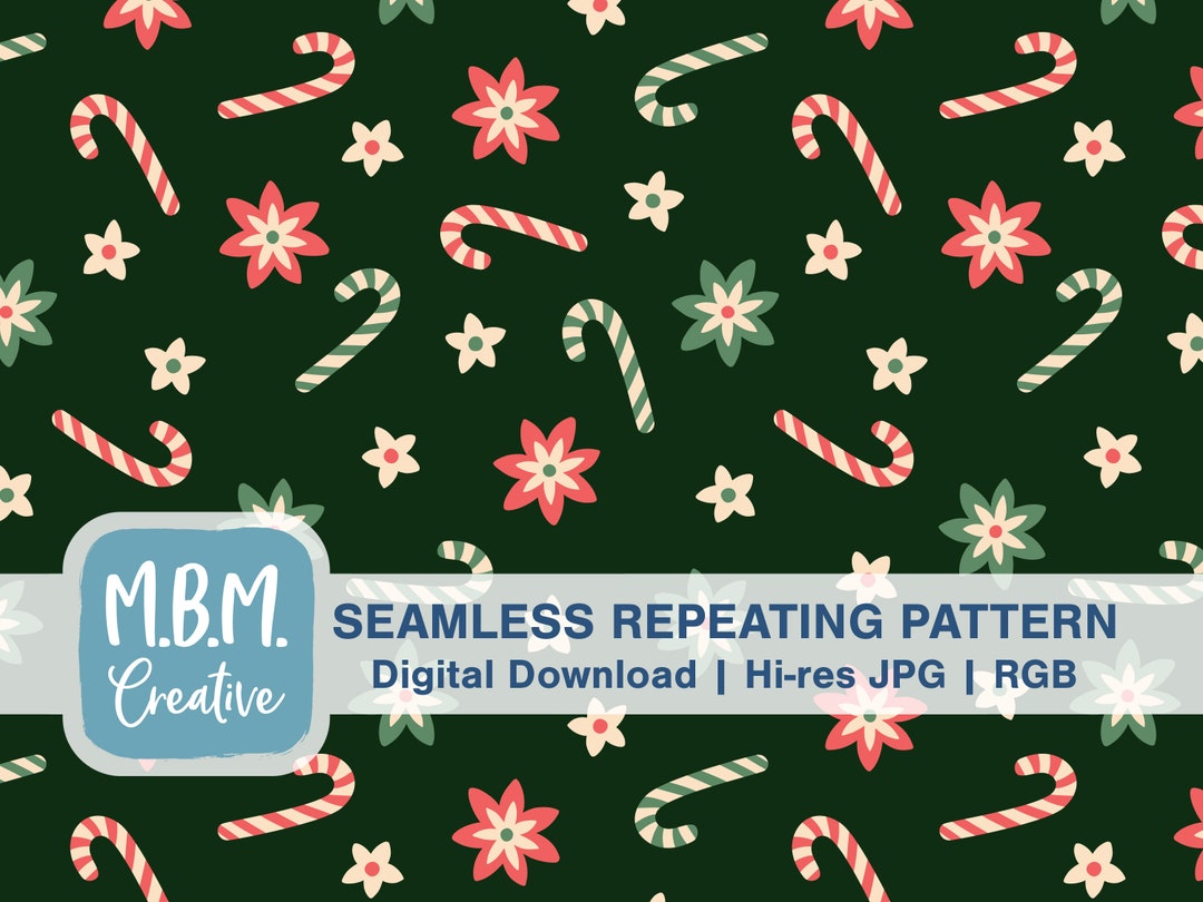 Candy Canes & Poinsettias on Dark Green Seamless Repeat Pattern ...