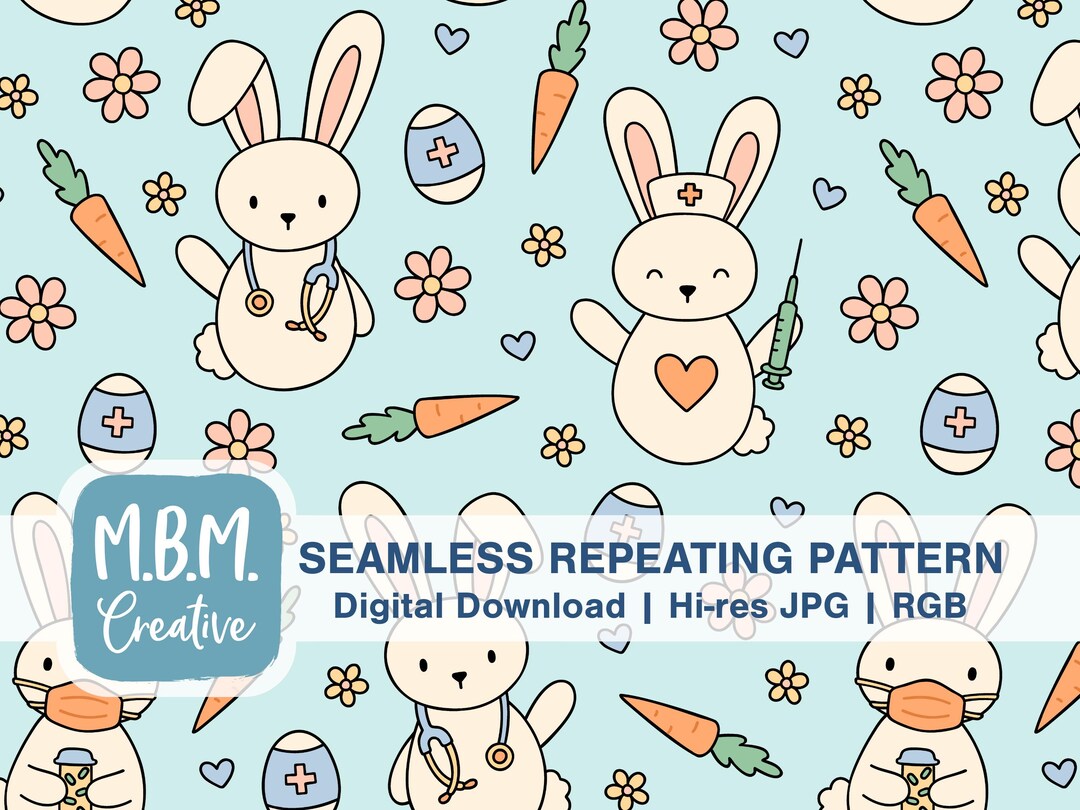 Nurse Bunnies on Blue Seamless Pattern Commercial Use, Cute Nursing ...
