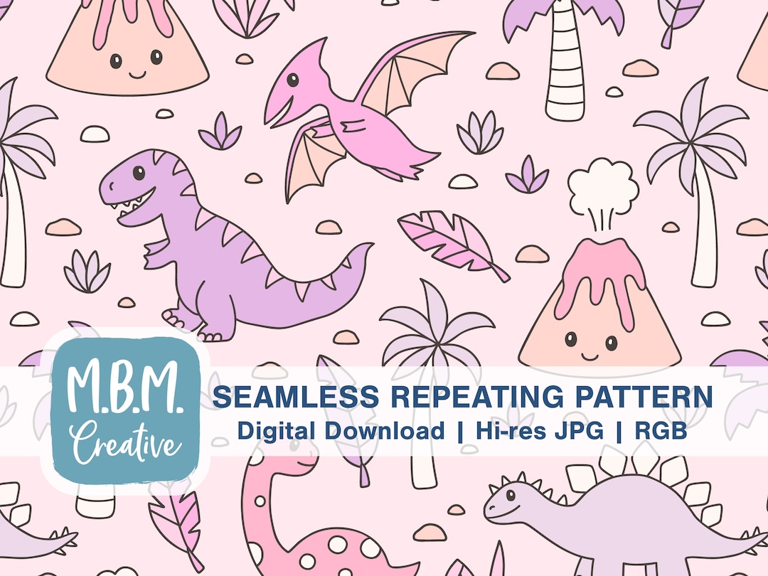 Kawaii Dinos on Pink Seamless Repeat Pattern Commercial Use, Cute Kids ...