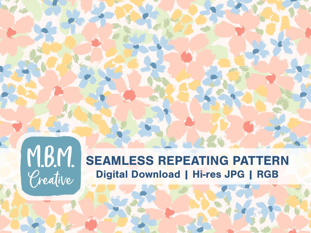 Inky Spring Floral: Peach & Blue Seamless Repeat Pattern for Commercial ...
