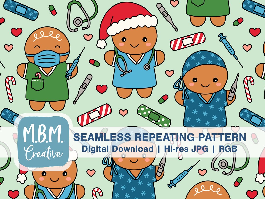 Christmas Nurses on Green Seamless Repeat Pattern Commercial Use ...