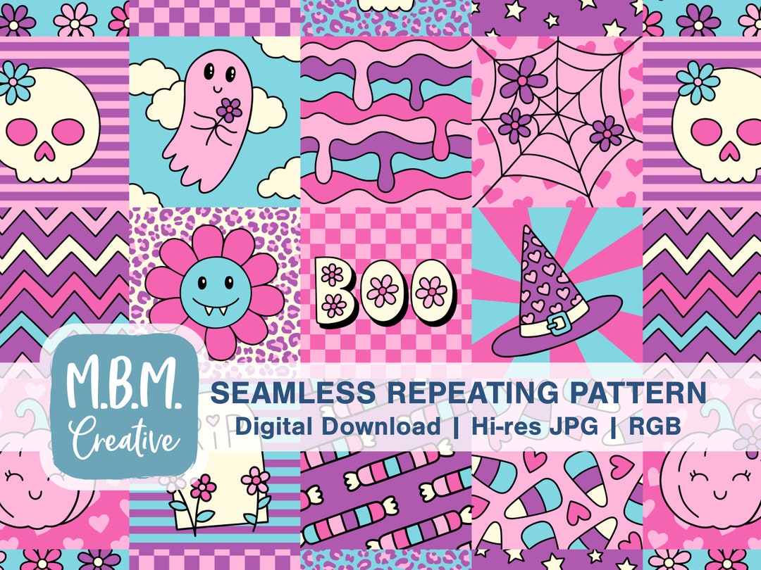 Kawaii Halloween Tiles: Pink Purple Blue Seamless Repeat Pattern ...