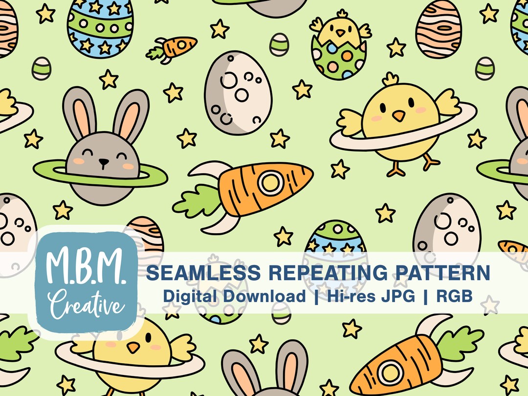 Easter in Outer Space Seamless Repeat Pattern on Green for Commercial ...