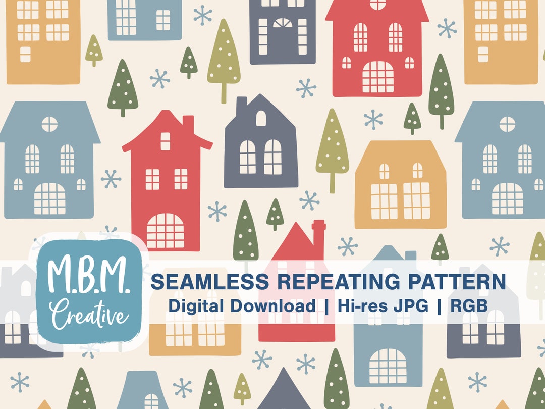 Nordic Houses Seamless Repeat Pattern: Muted Colors on Beige ...