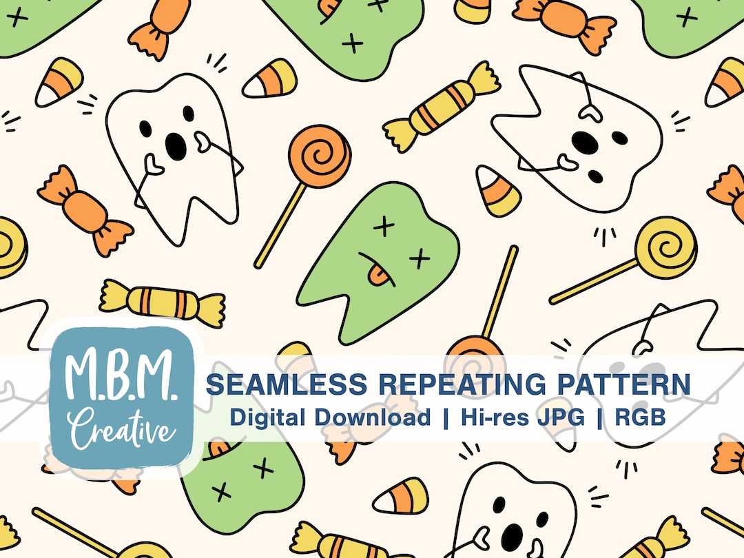 A Tooth's Nightmare Seamless Repeat Pattern on Beige, Spooky Teeth ...