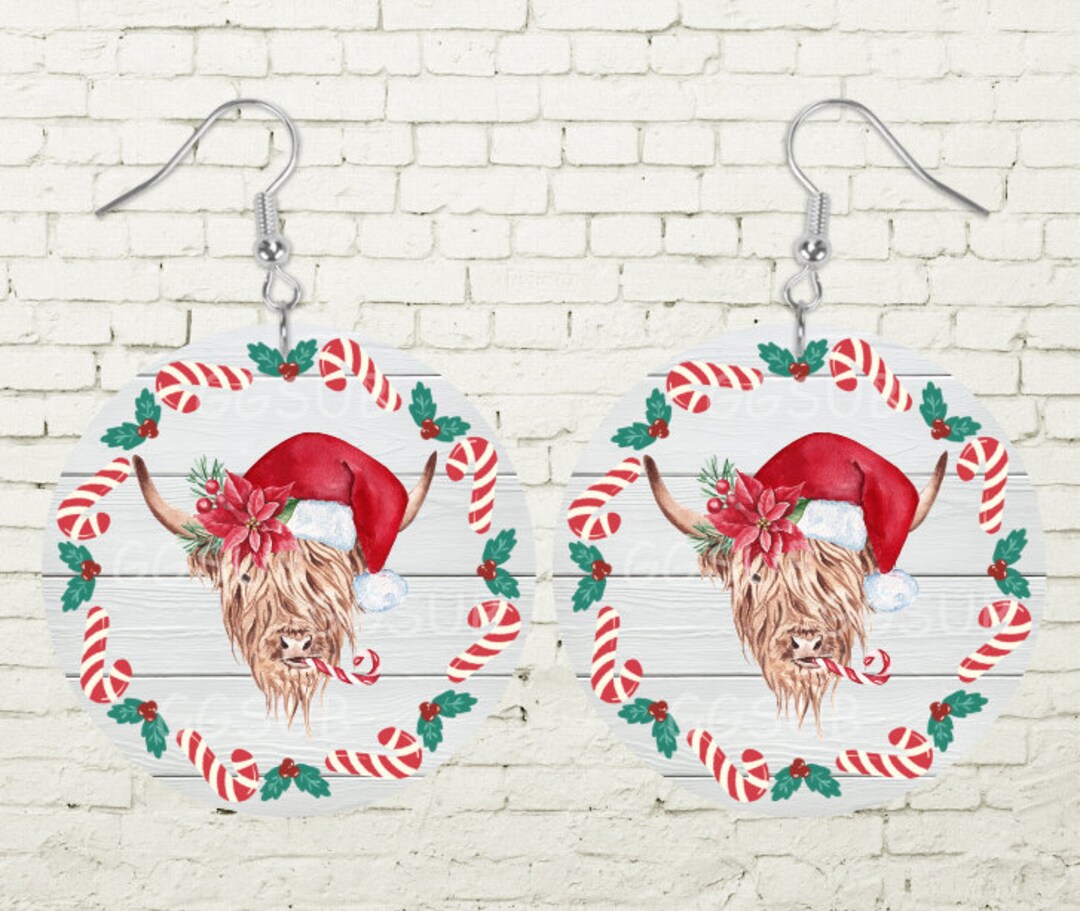 Candy Cane Highland Cow Earring Digital Design, Highland Ornament, or ...