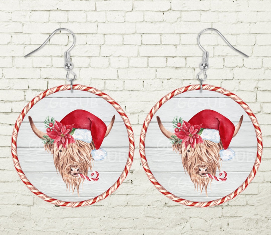 Candy Cane Highland Cow Christmas Ornament, Earring PNG (digital ...