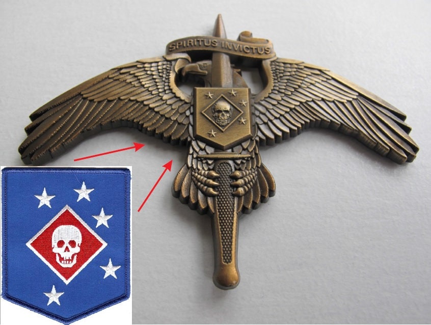 MARSOC Raider Badge With Skull Legacy Pin Antiqued Gold MOS 0372 MARSOF ...
