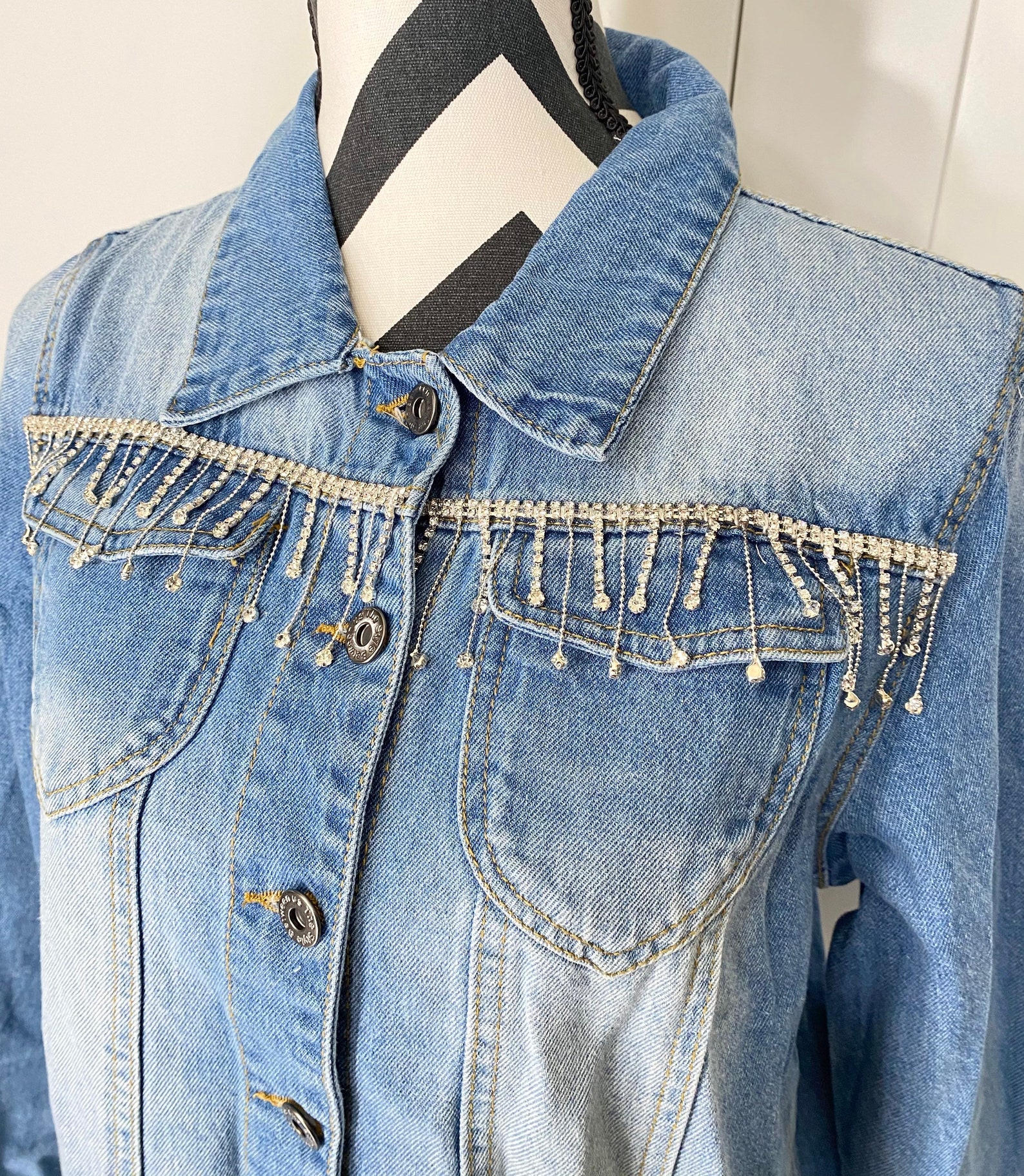 Rhinestone Bling Blue Denim Jacket - Etsy