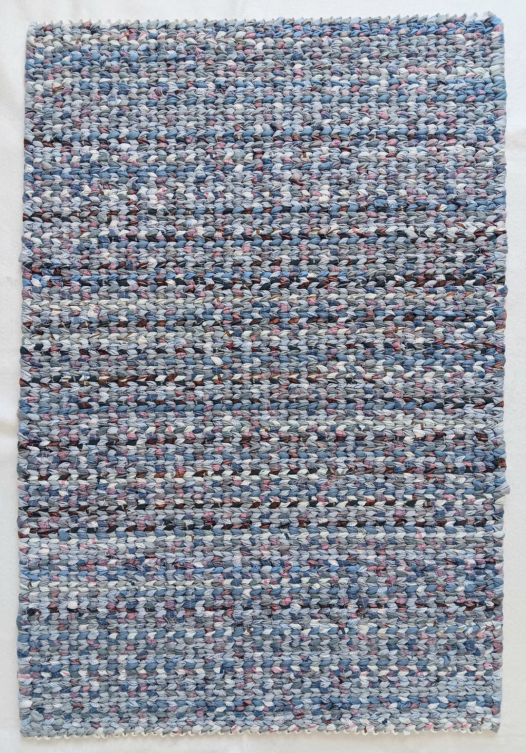 Handwoven Twined Rag Rug, 25" X 37" Rectangular Shape, Grays and Blues ...