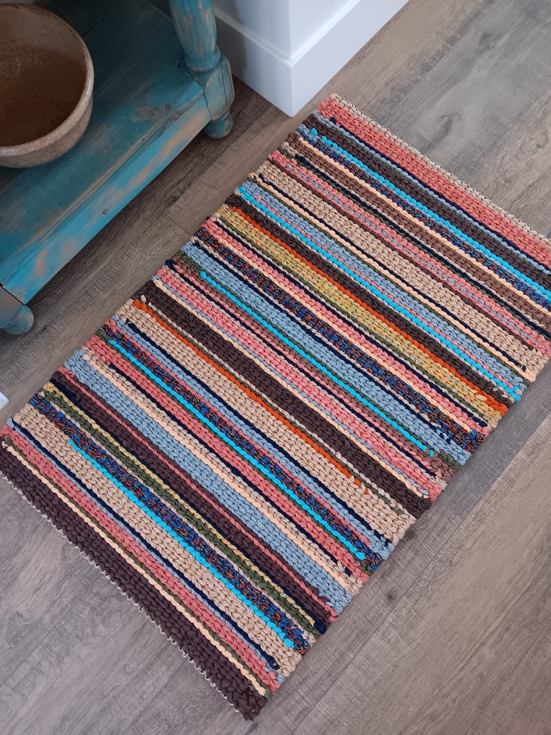 Handwoven Twined Rag Rug, 25 X 37, Multi-colored Southwestern Stripes ...
