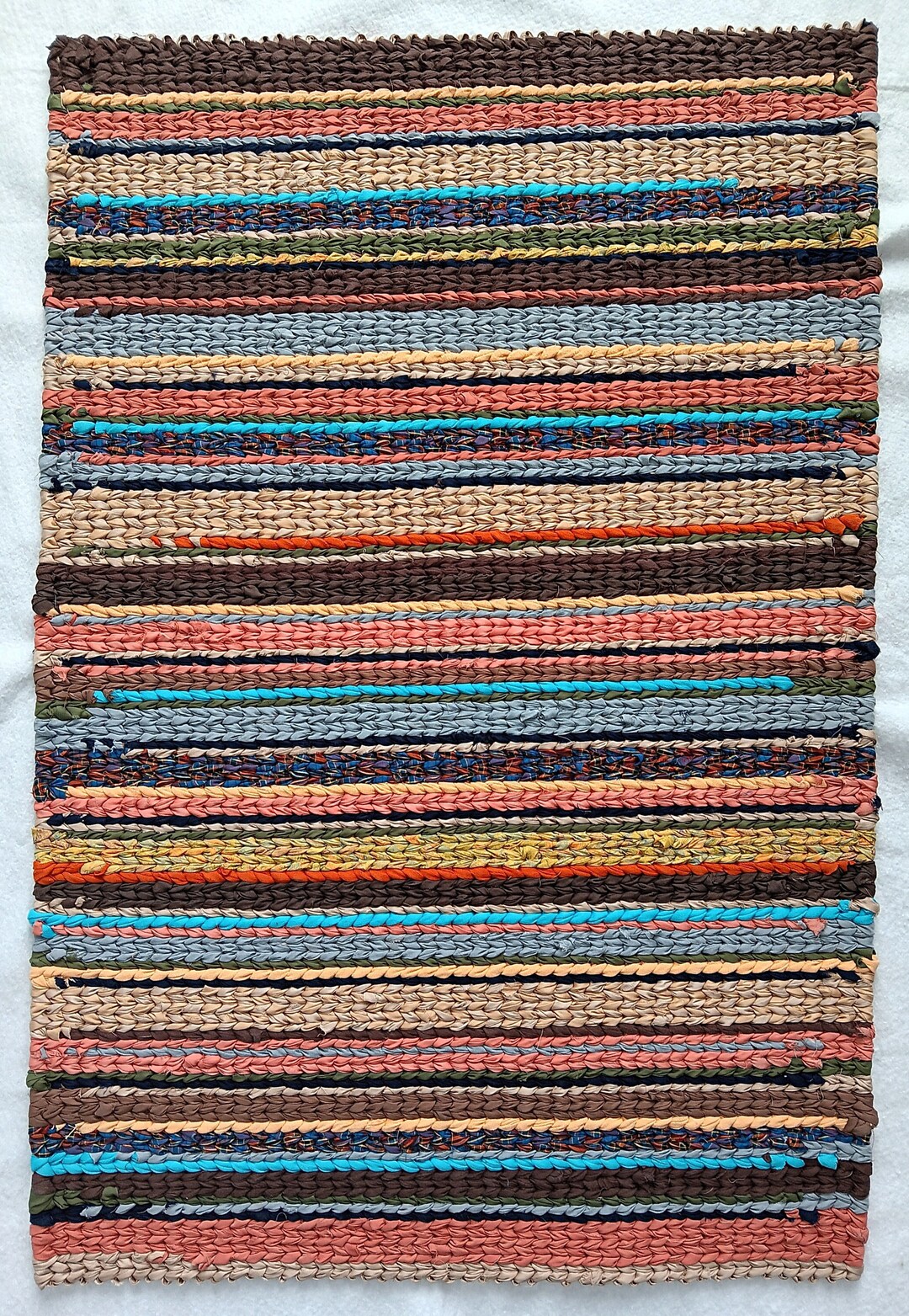 Handwoven Twined Rag Rug, 25 X 37, Multi-colored Southwestern Stripes ...