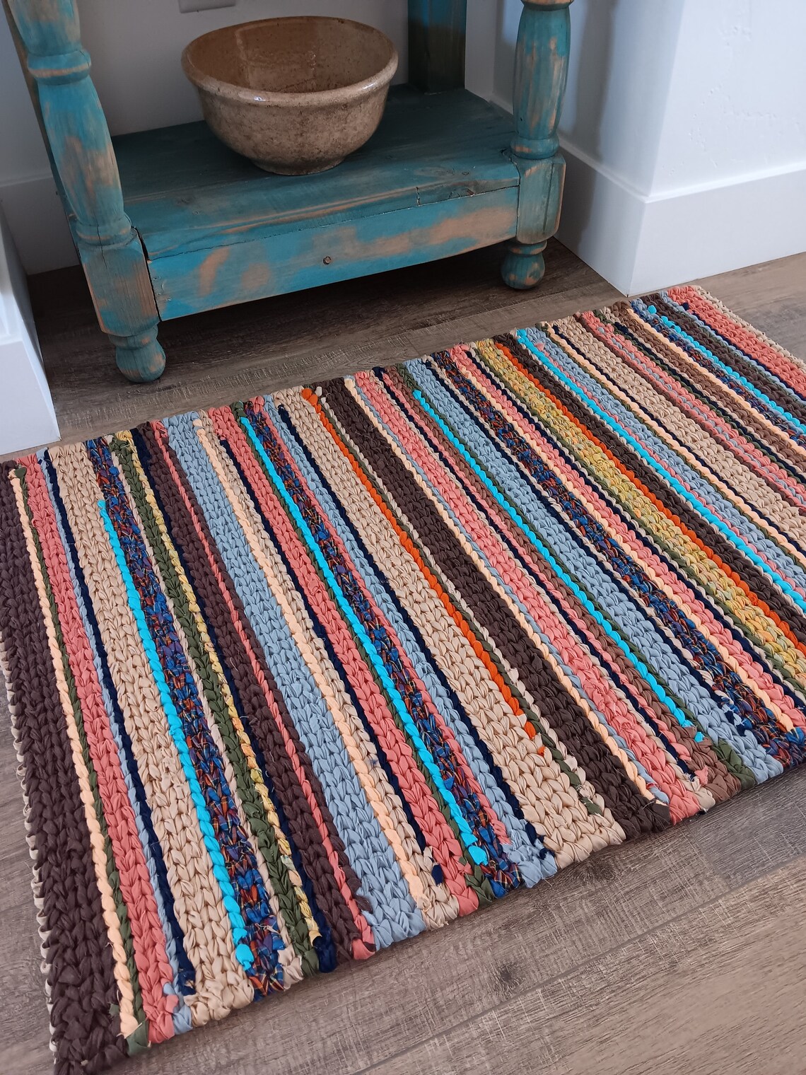 Handwoven Twined Rag Rug, 25 X 37, Multi-colored Southwestern Stripes ...