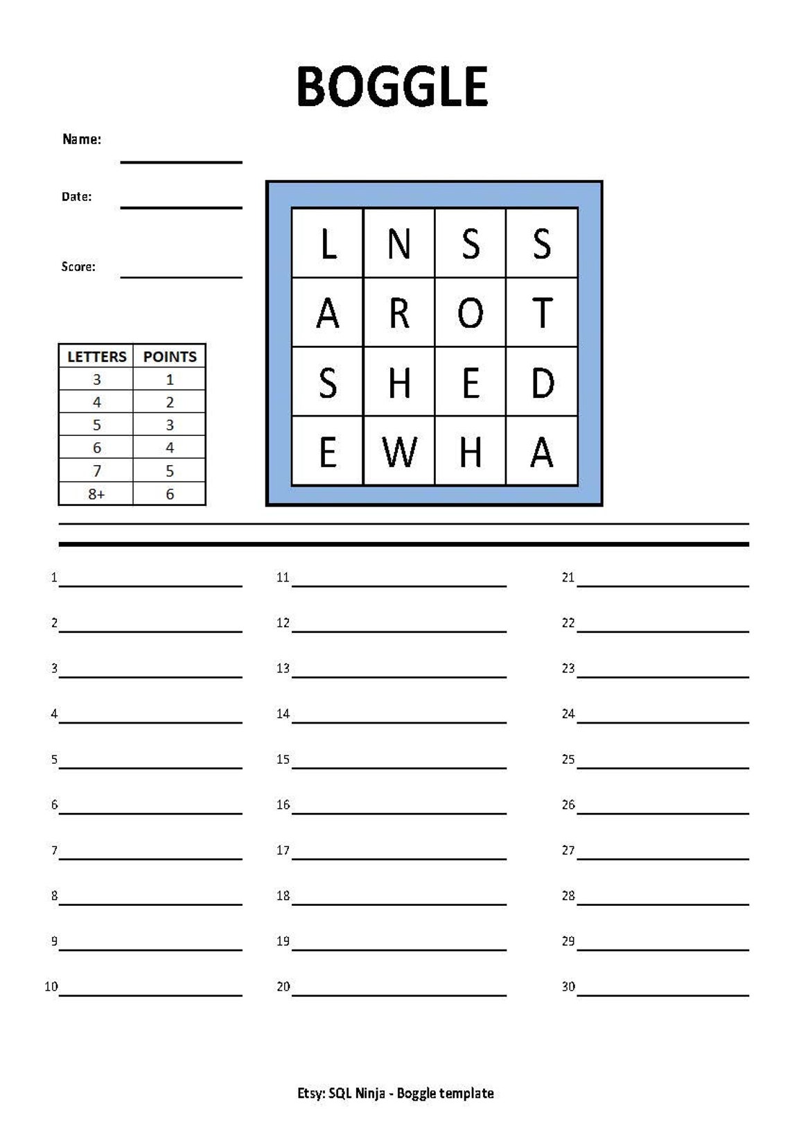 Excel Boggle Template | Etsy