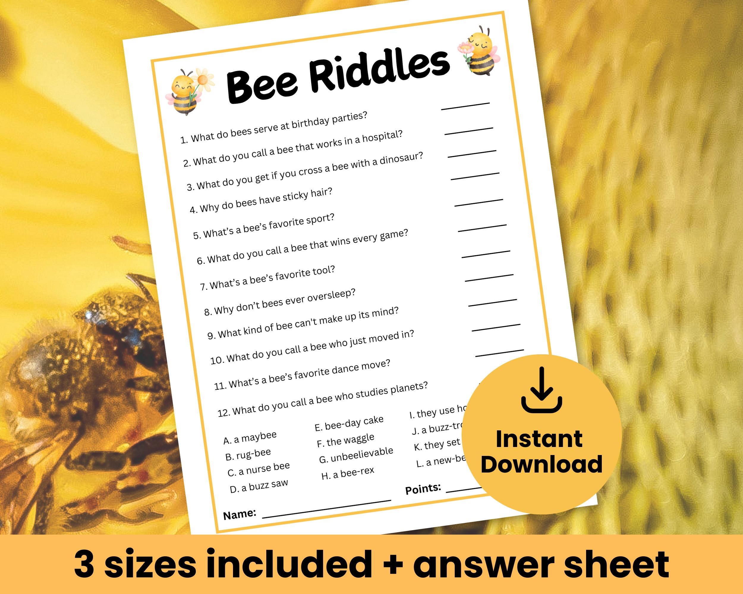 Bee Riddles Game, Printable Honeybee Game for Kids and Adults, Bee Day ...