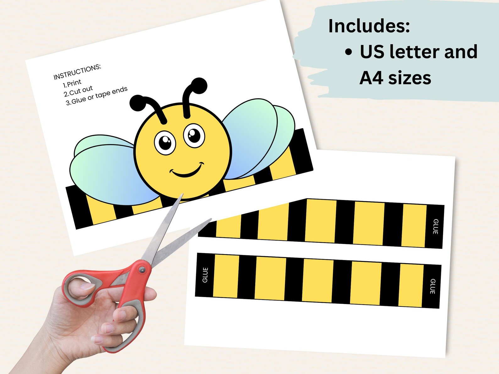 Cut and Paste Craft Bee Paper Crown, Cut and Paste Activity, Bee Themed ...