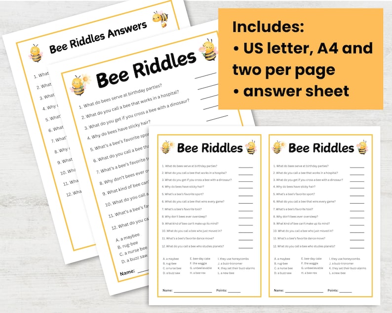 Bee Riddles Game, Printable Honeybee Game for Kids and Adults, Bee Day ...
