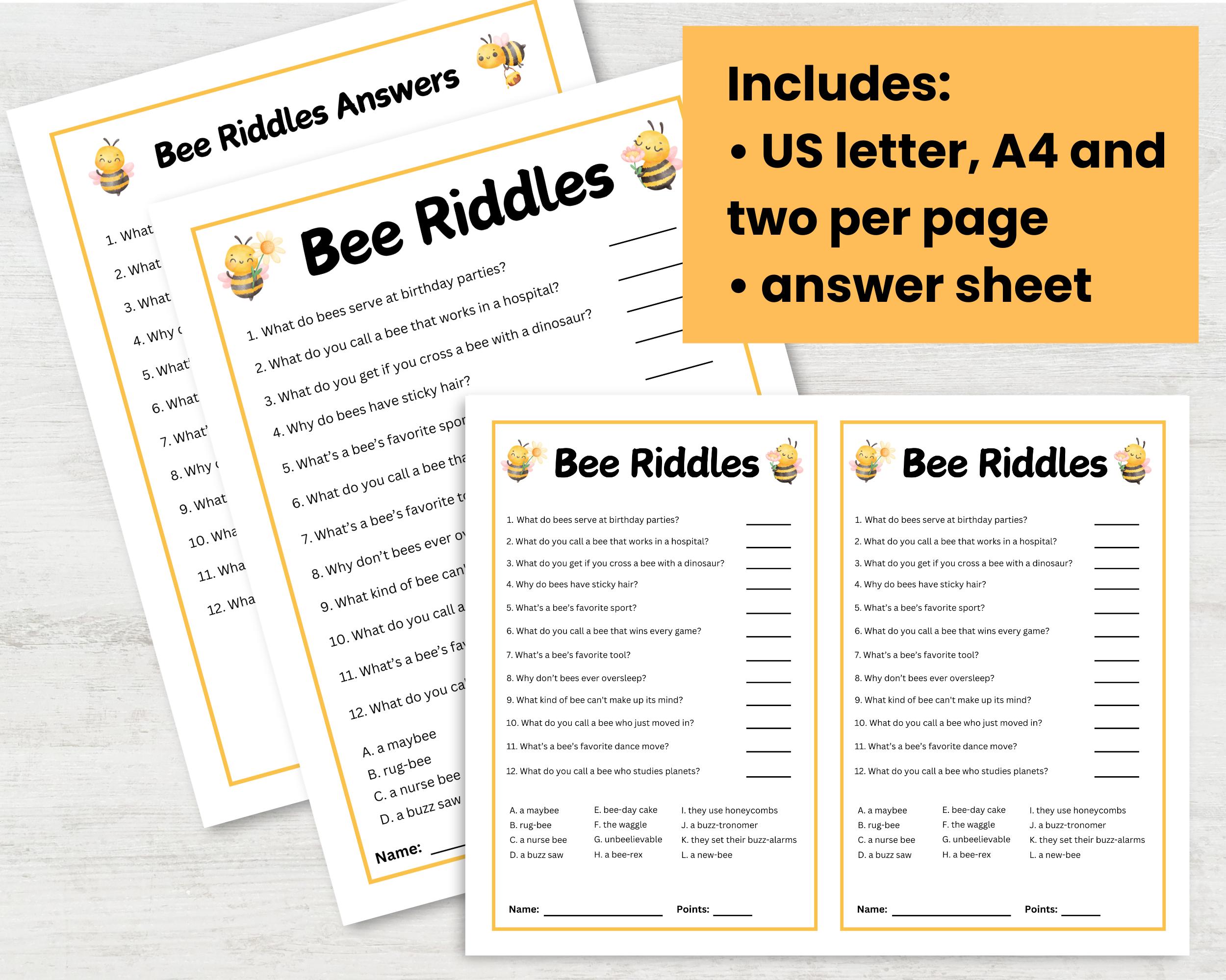 Bee Riddles Game, Printable Honeybee Game for Kids and Adults, Bee Day ...