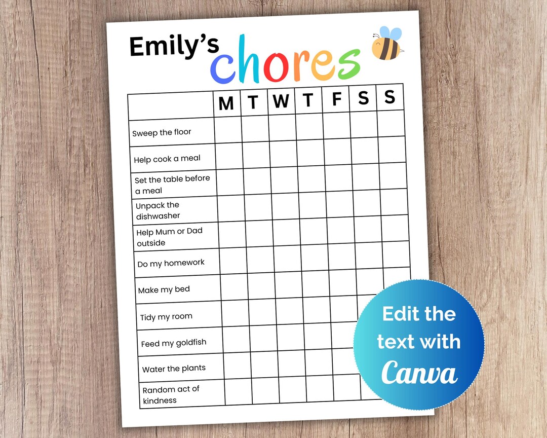 Editable Chore Chart, Kids Daily Chore Chart Printable, Weekly Chore ...