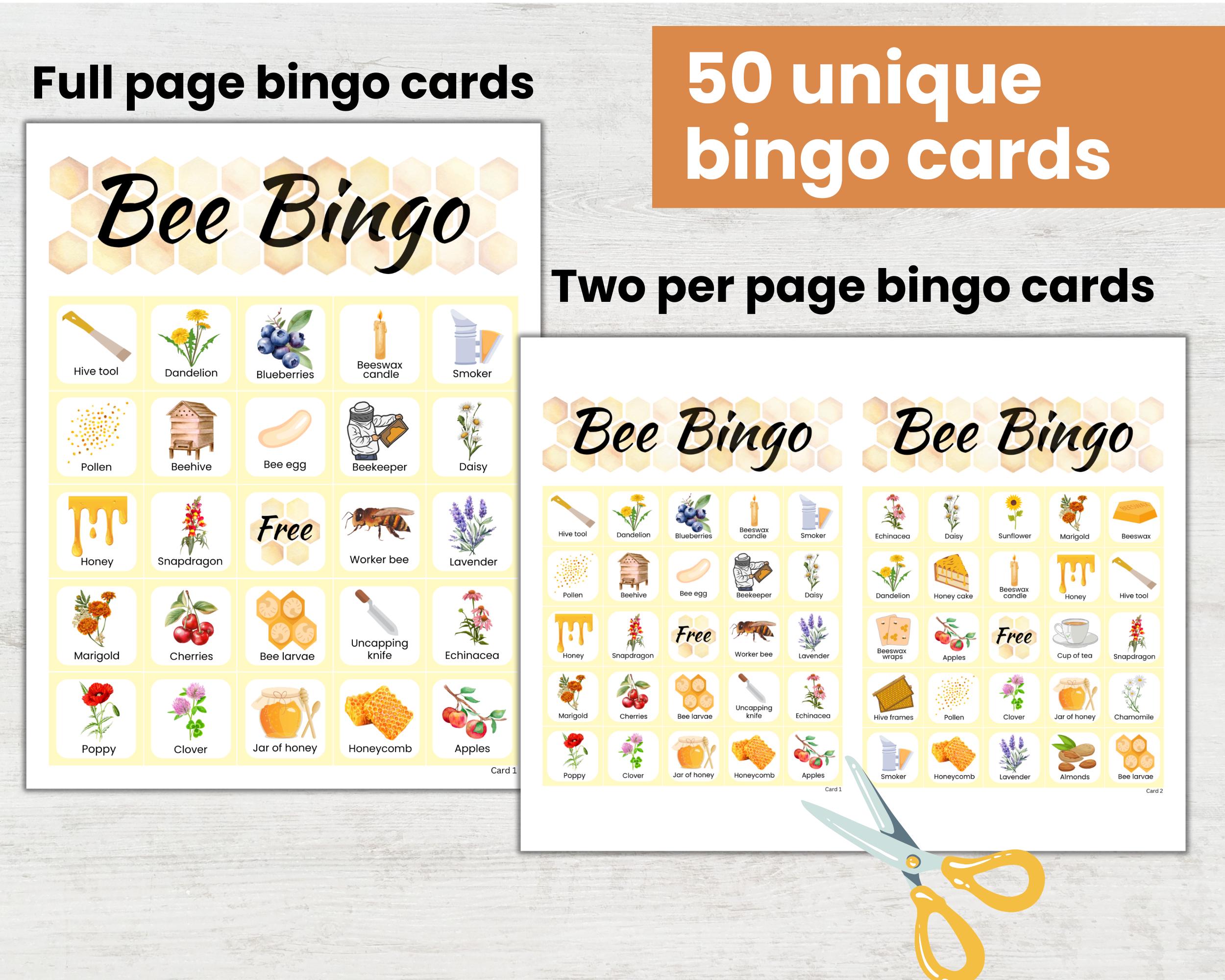 Bee Bingo Game, 50 Printable Bingo Cards, Bee Birthday Party Game, Bee ...
