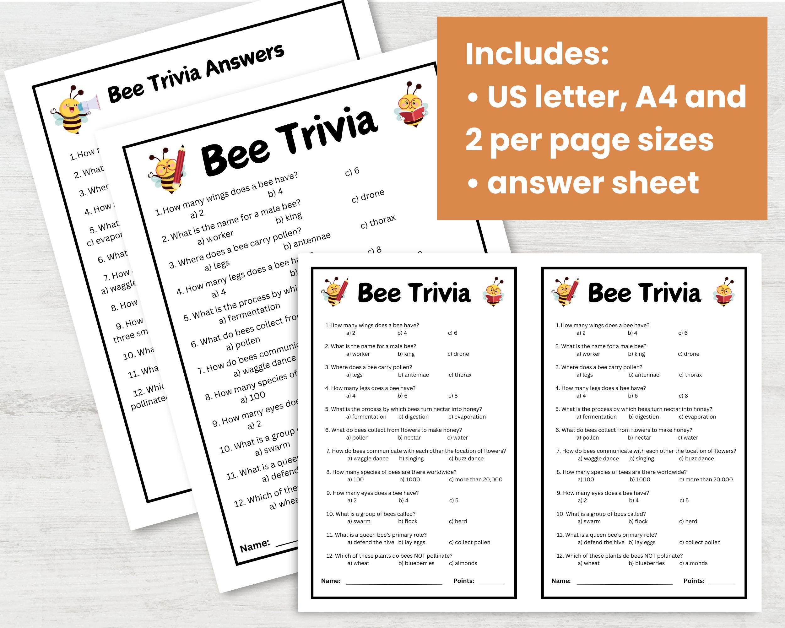 Bee Trivia Game, Printable Honeybee Trivia Game for Kids and Adults ...