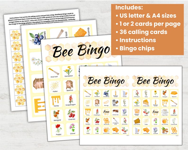 Bee Bingo Game, 50 Printable Bingo Cards, Bee Birthday Party Game, Bee ...