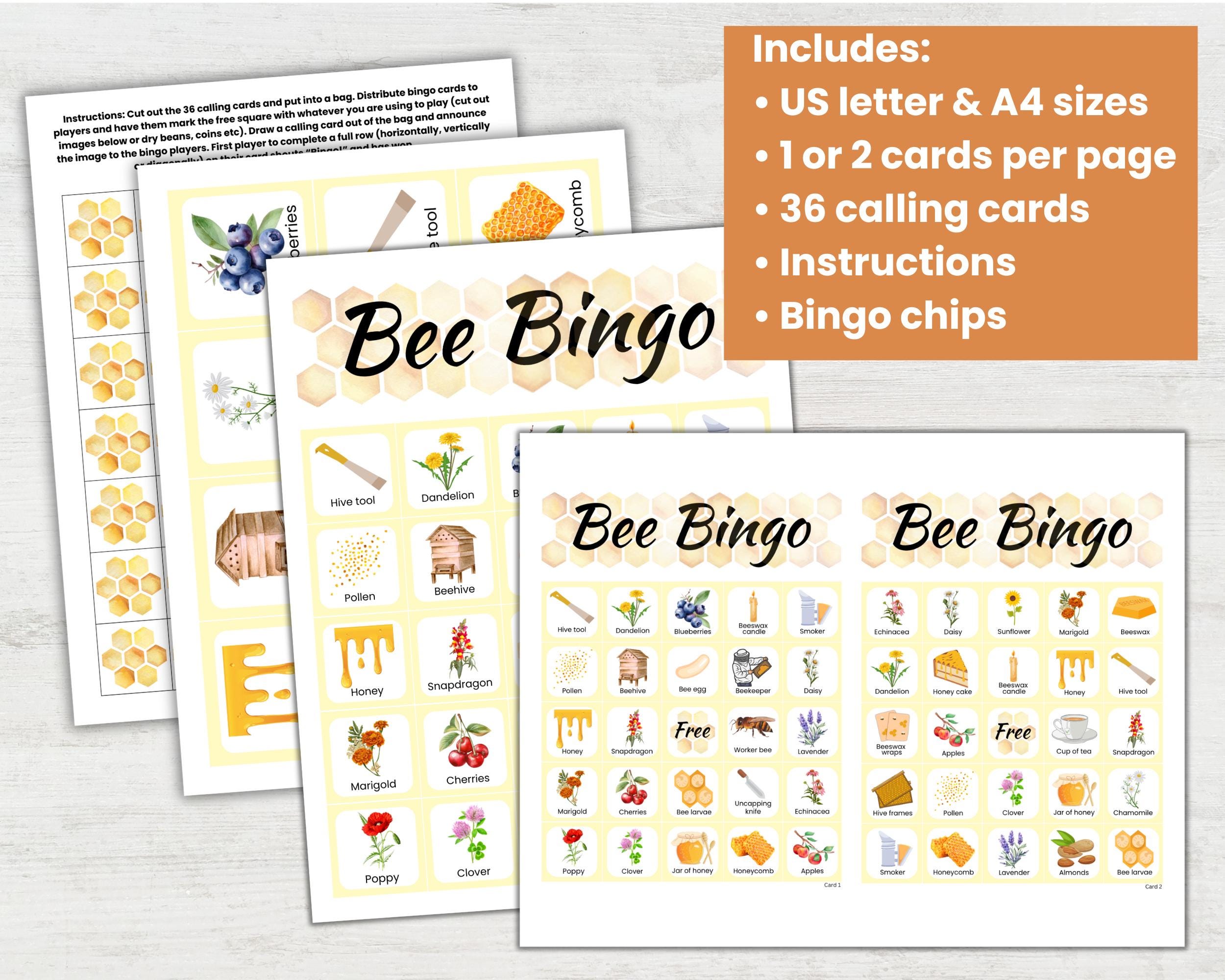Bee Bingo Game, 50 Printable Bingo Cards, Bee Birthday Party Game, Bee ...