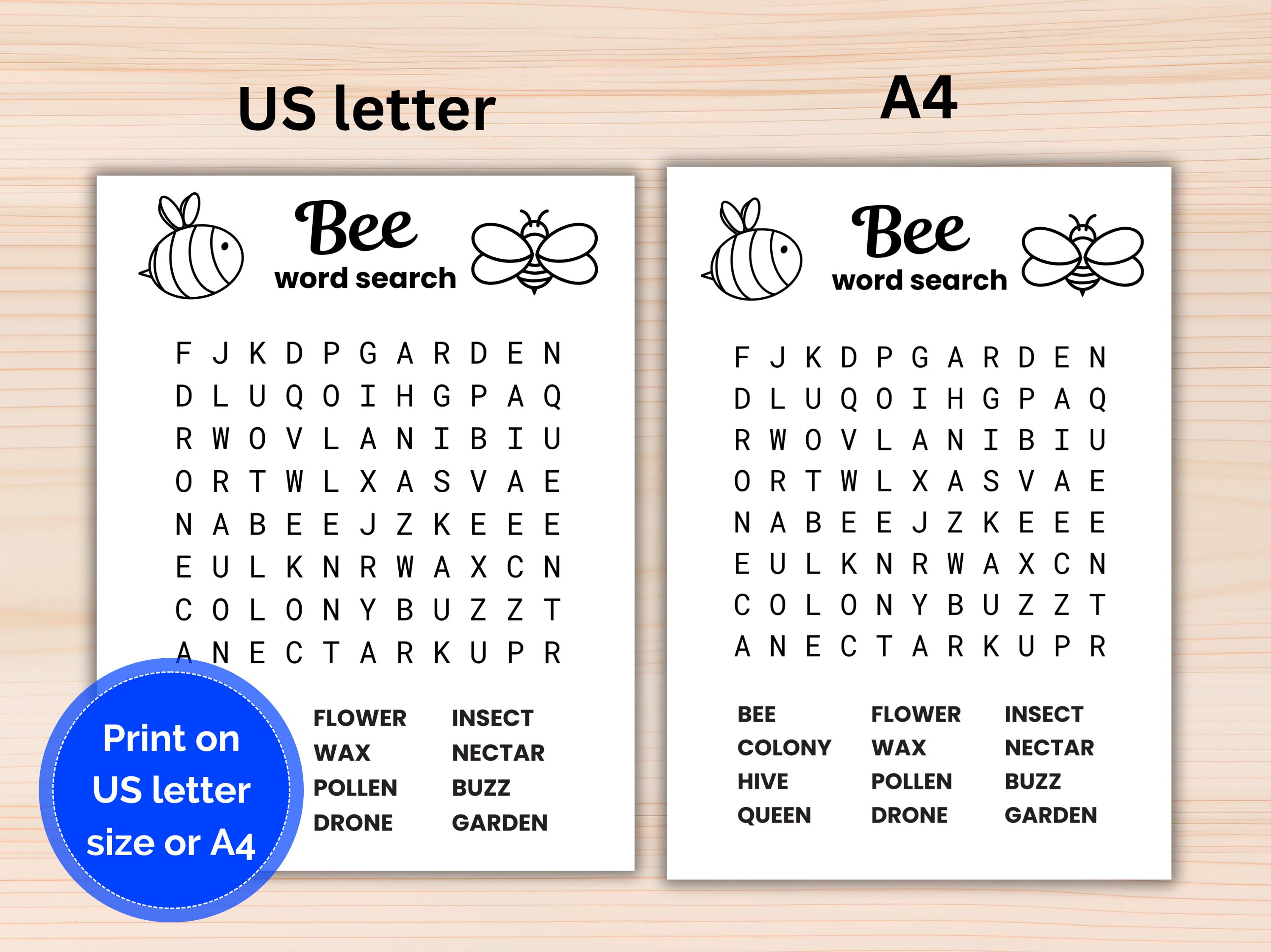 Word Search Activity for Kids Printable, Bee Word Search, Easy Word ...