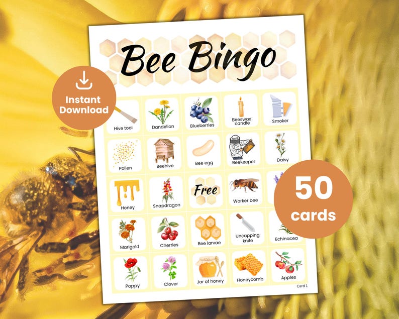 Bee Bingo Game, 50 Printable Bingo Cards, Bee Birthday Party Game, Bee ...
