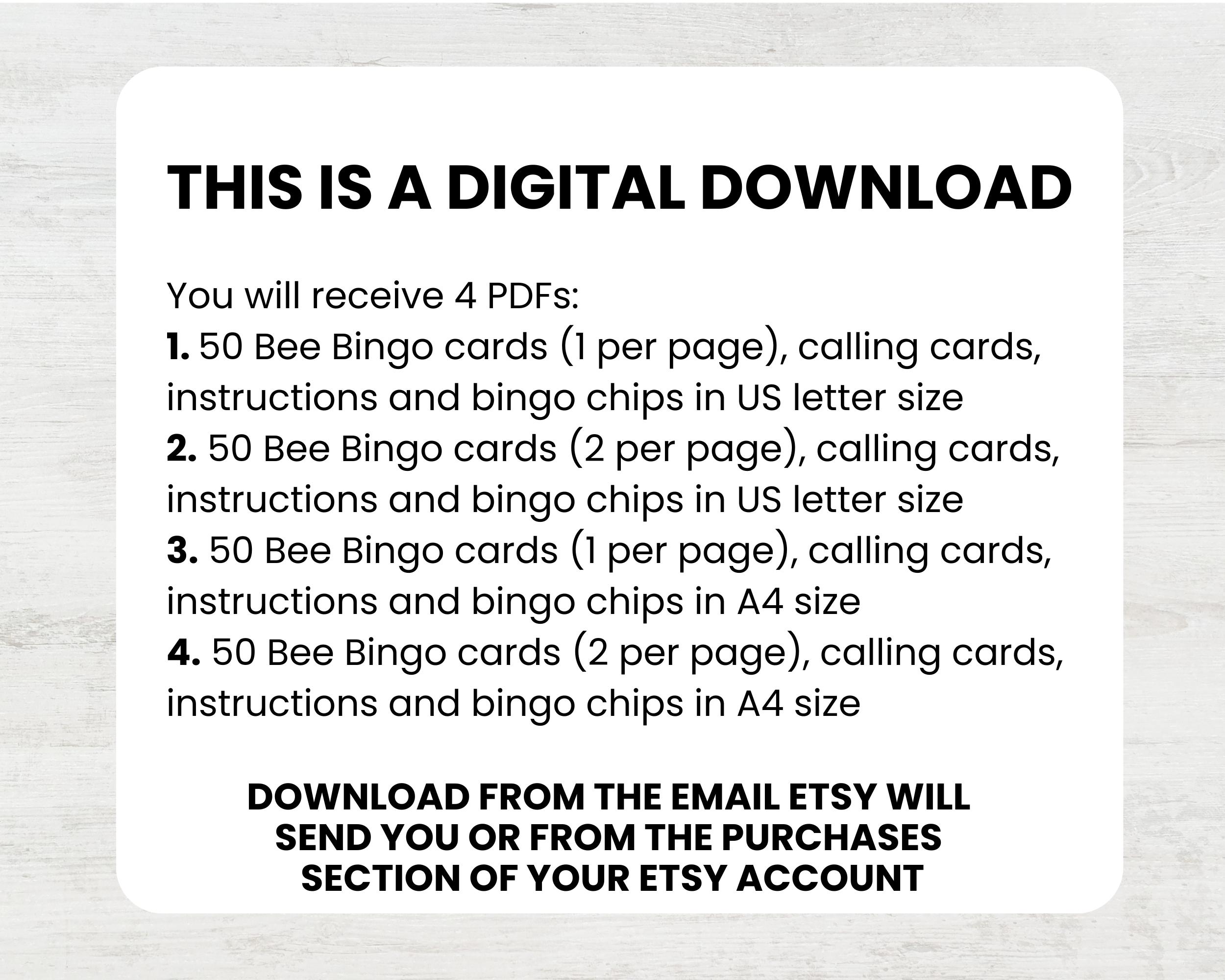Bee Bingo Game, 50 Printable Bingo Cards, Bee Birthday Party Game, Bee ...