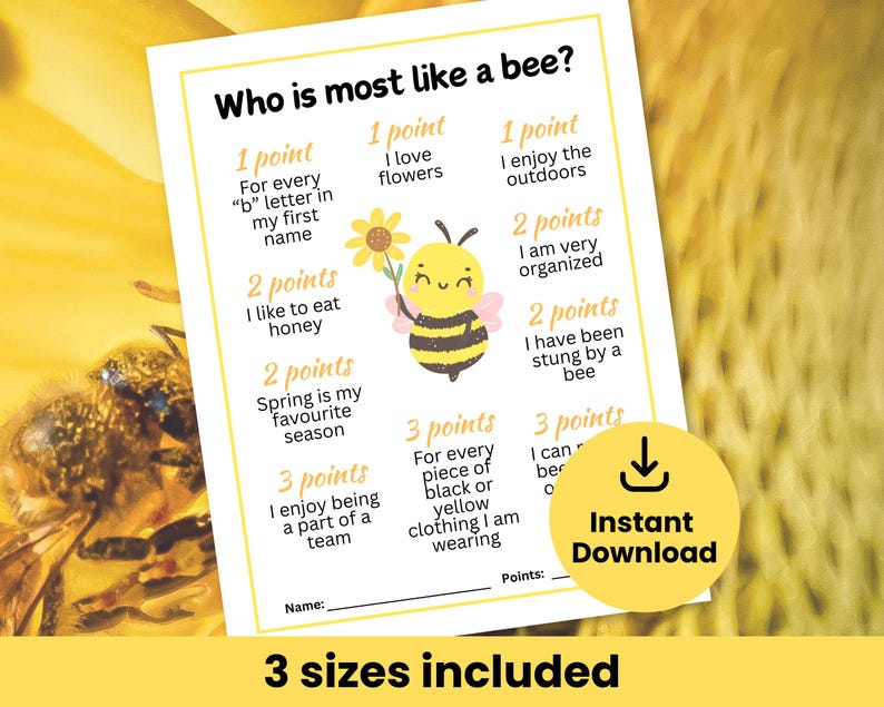 Bee Game Printable, Who is Most Like a Bee Game for Kids and Adults ...