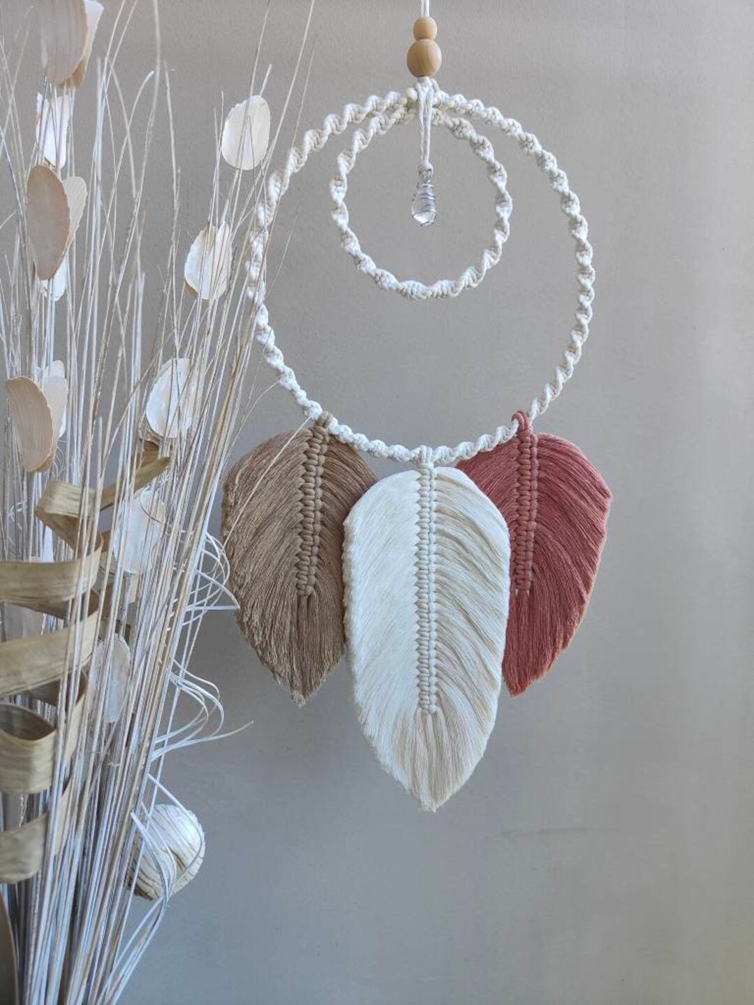 Large Macramé Wall Decoration on Circle Trio of Feathers and Rock ...