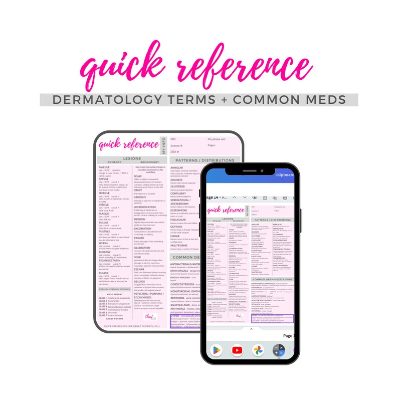 Clinical Clipboard Quick Reference - DERMATOLOGY Terminology, Common ...
