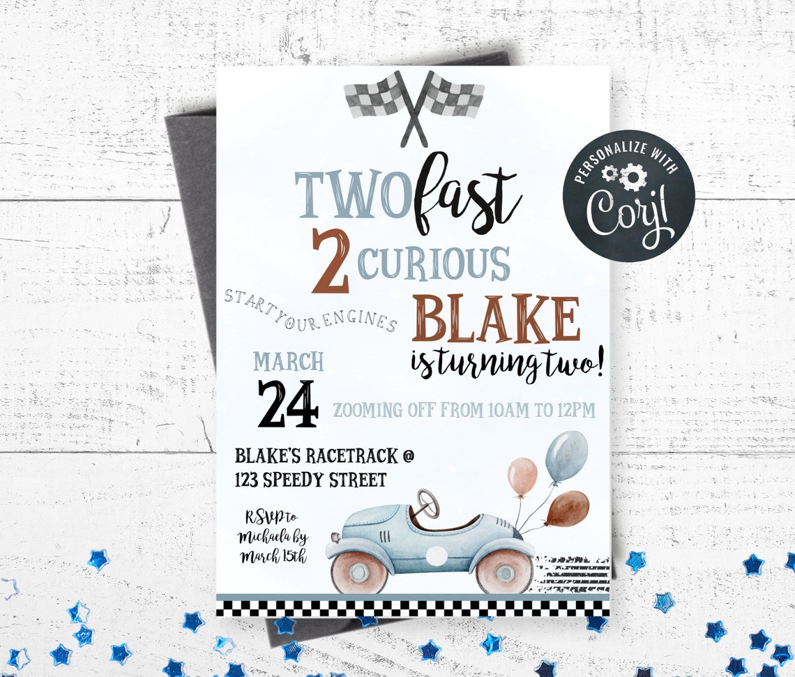 Editable Two Fast Two Curious 2nd Birthday Party Invitation for Boys ...