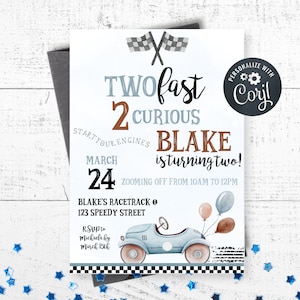 Editable Two Fast Two Curious 2nd Birthday Party Invitation for Boys ...