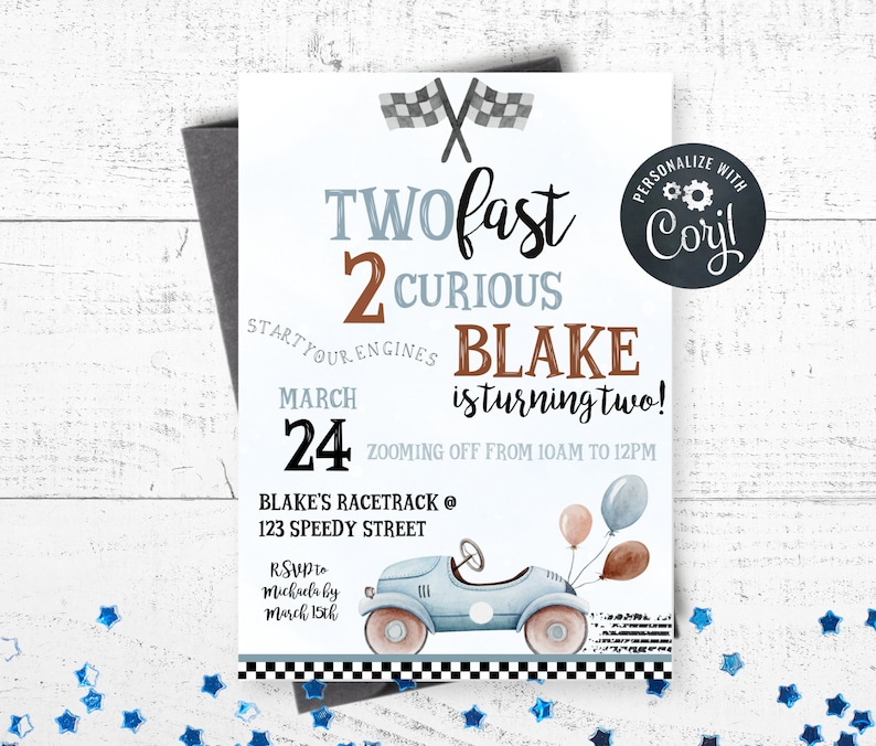 Editable Two Fast Two Curious 2nd Birthday Party Invitation for Boys ...