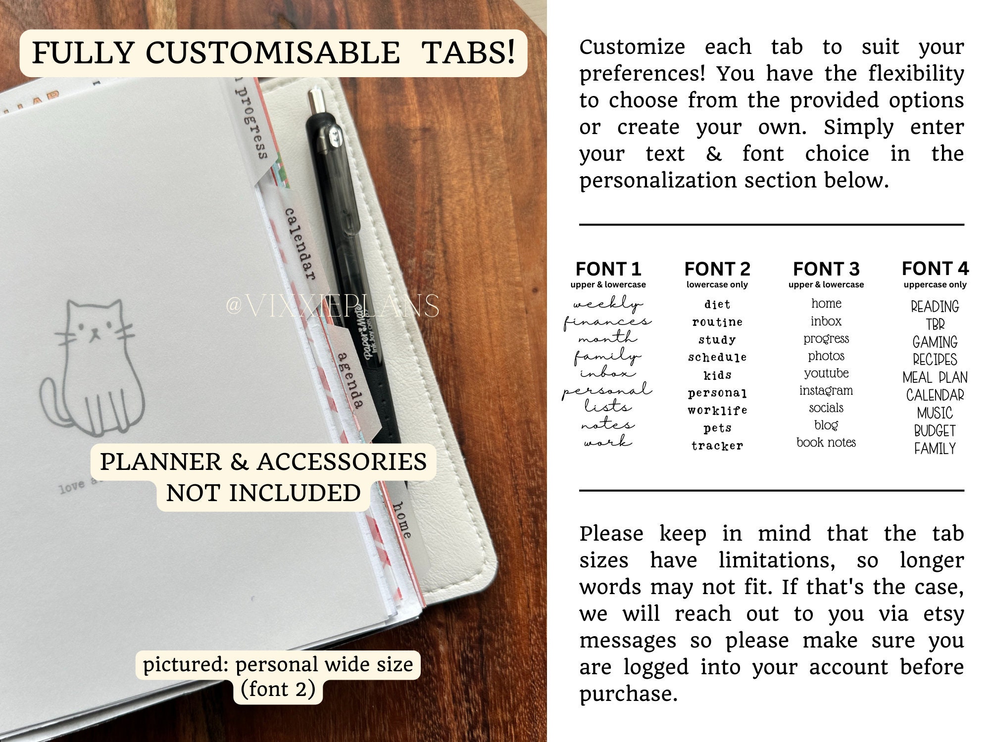 Set of 4 Vellum Side Tab Planner Dividers Custom Planner Dashboards A5 ...