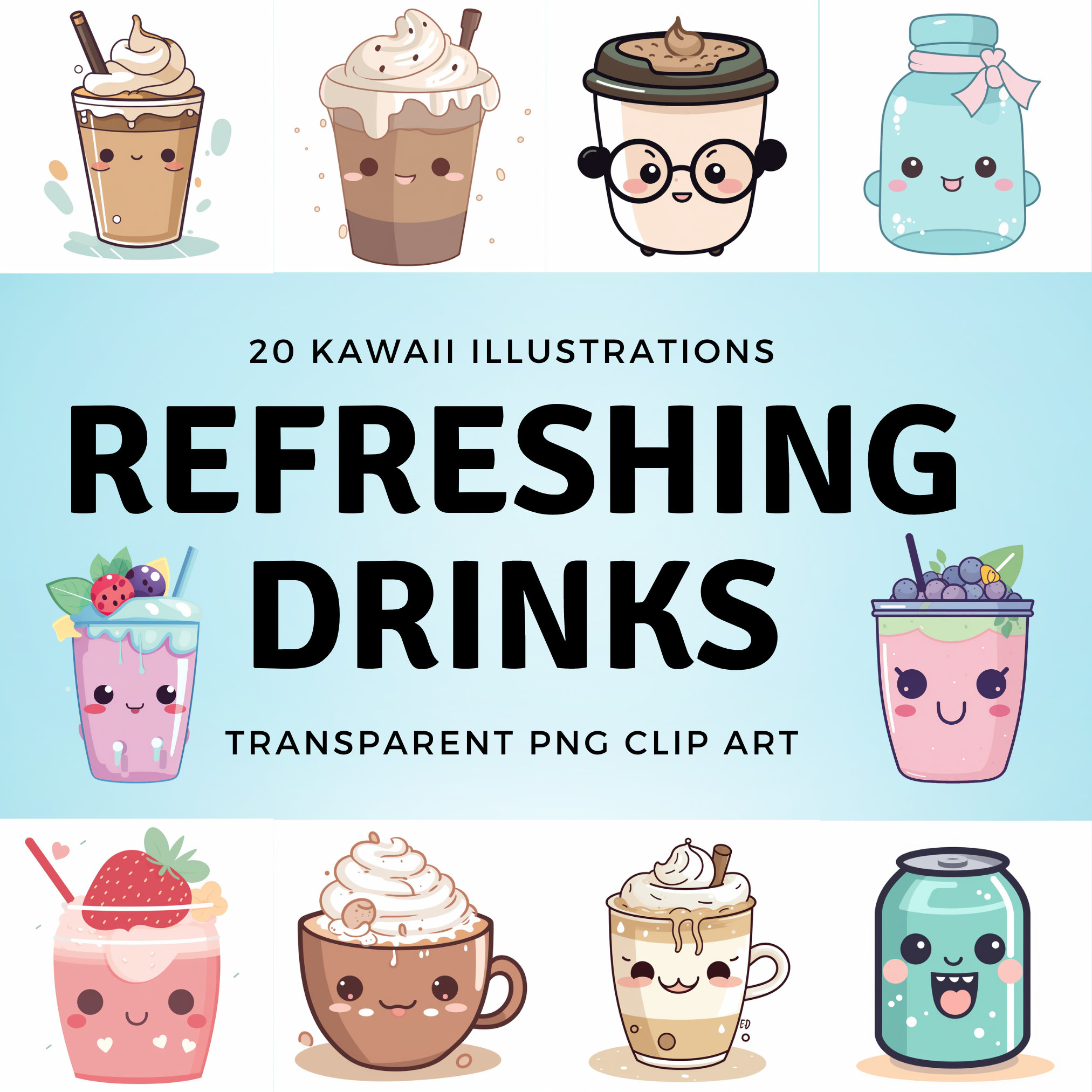Cute Clipart: Drinks Transparent PNG Files 20 Kawaii Beverage Sticker ...