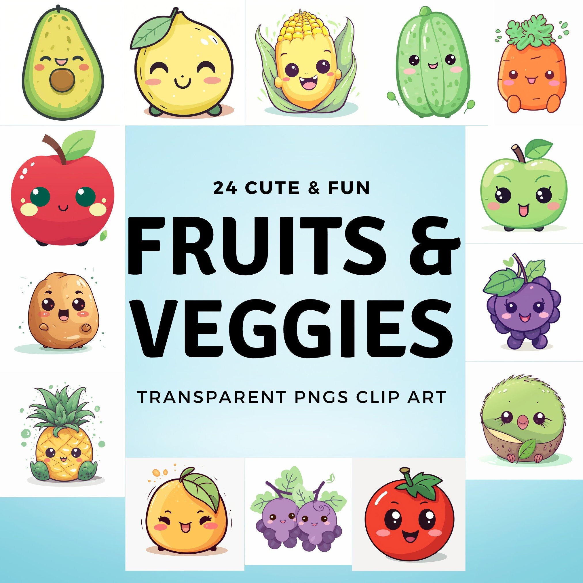 Kawaii Fruits and Vegetables Clipart - 24 Transparent PNG Files - Cute ...