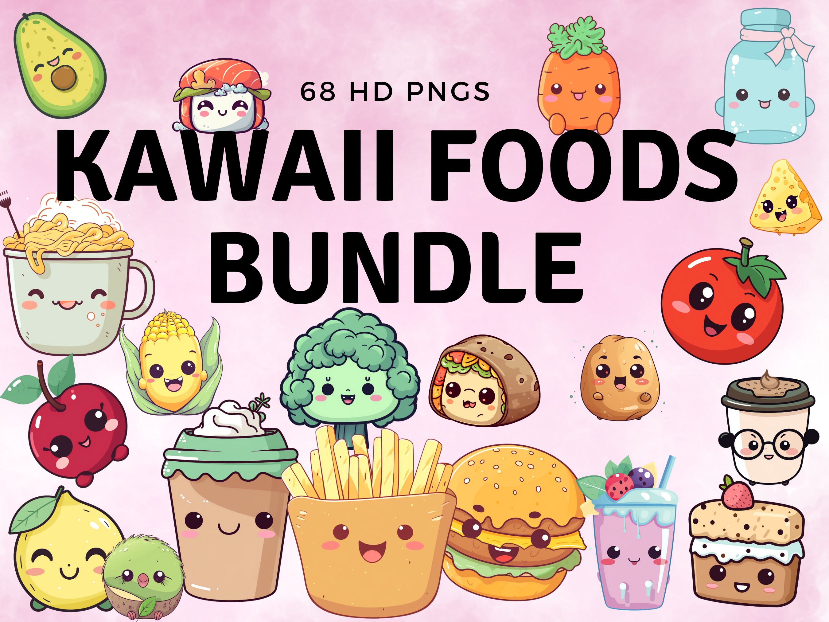 Kawaii Food Clipart Bundle - 68 Cute Culinary Stickers - Transparent ...